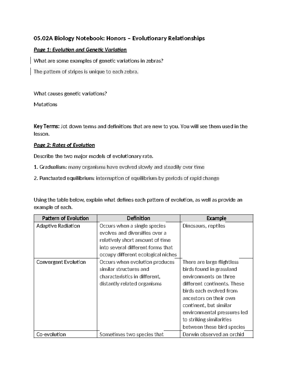 05.02A Honors Biology: Evolutionary Relationships & Models - Studocu
