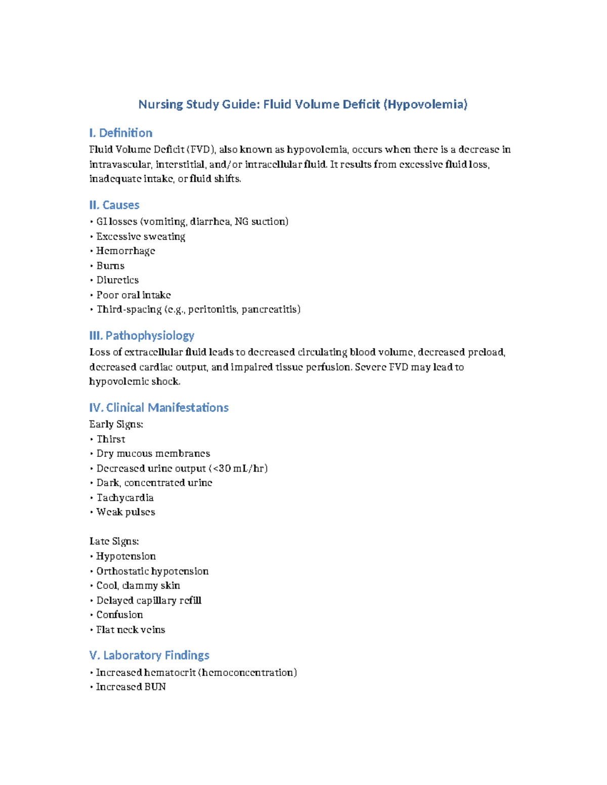 Nursing Study Guide: Fluid Volume Deficit (Hypovolemia) - Studocu