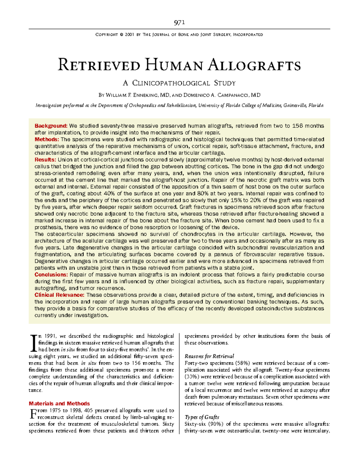 Jbjsam 2001: Clinico-Pathological Study of Retrieved Human Allografts ...