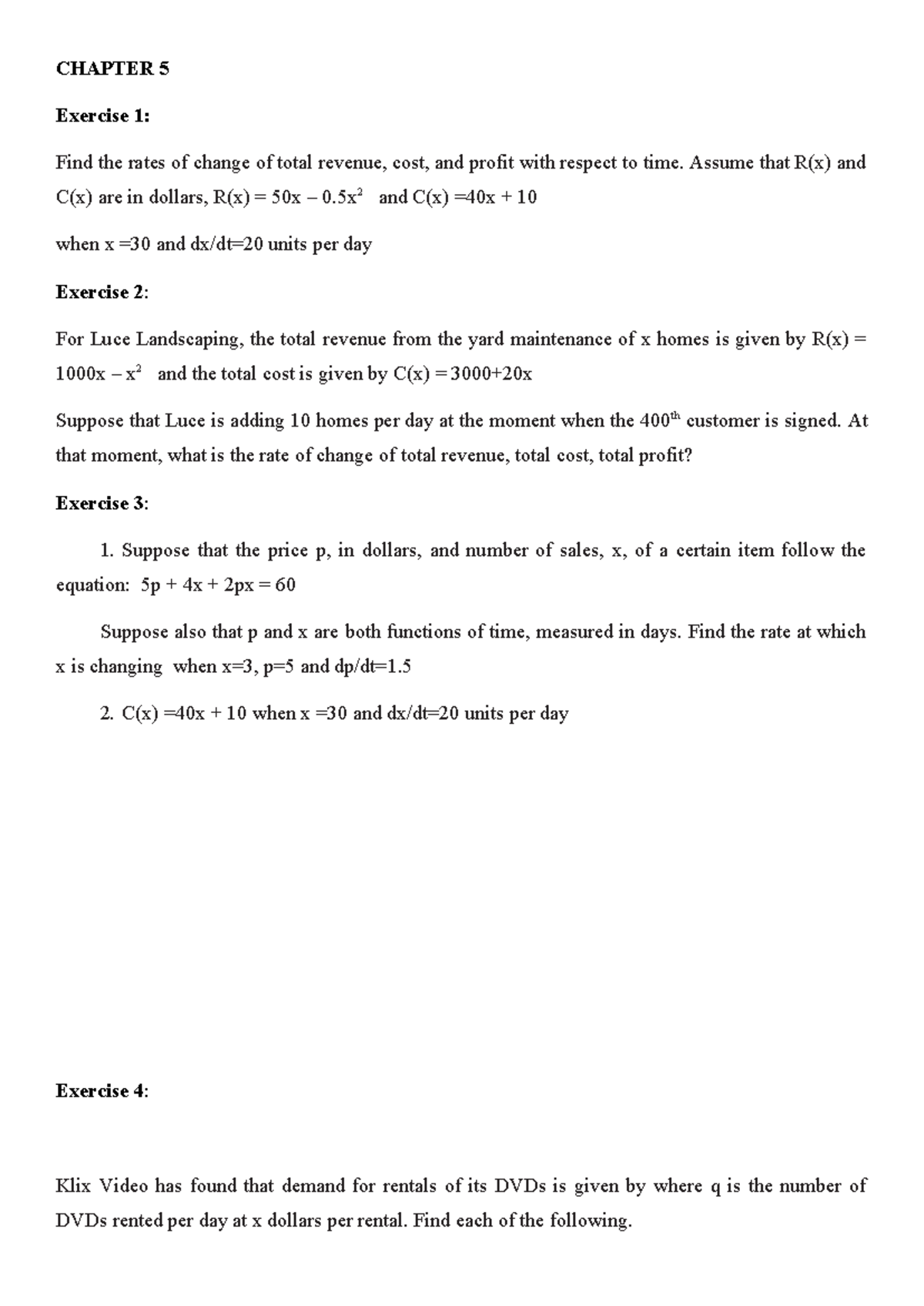 CH5 Exercise: Rates of Change in Revenue, Cost, and Profit Analysis ...