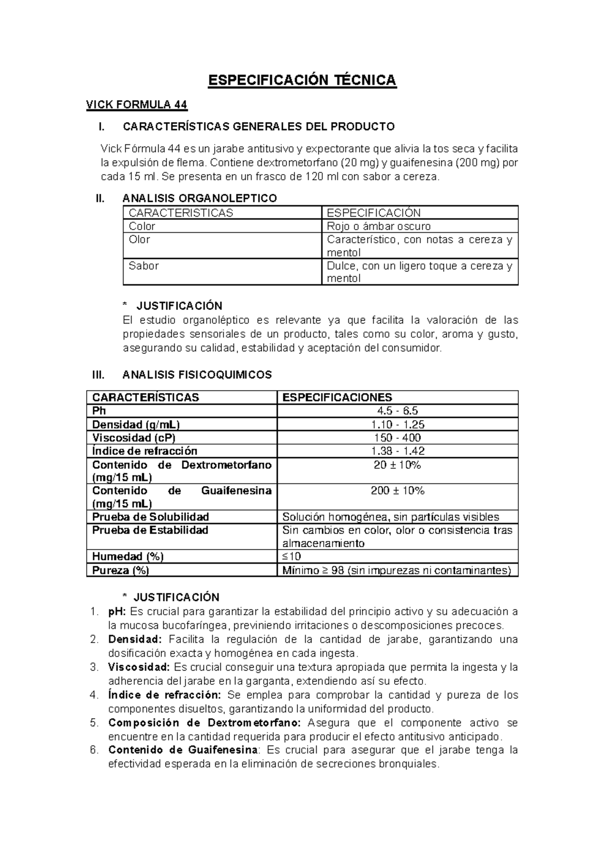 Especificación técnica del jarabe Vick Fórmula 44: análisis y ...