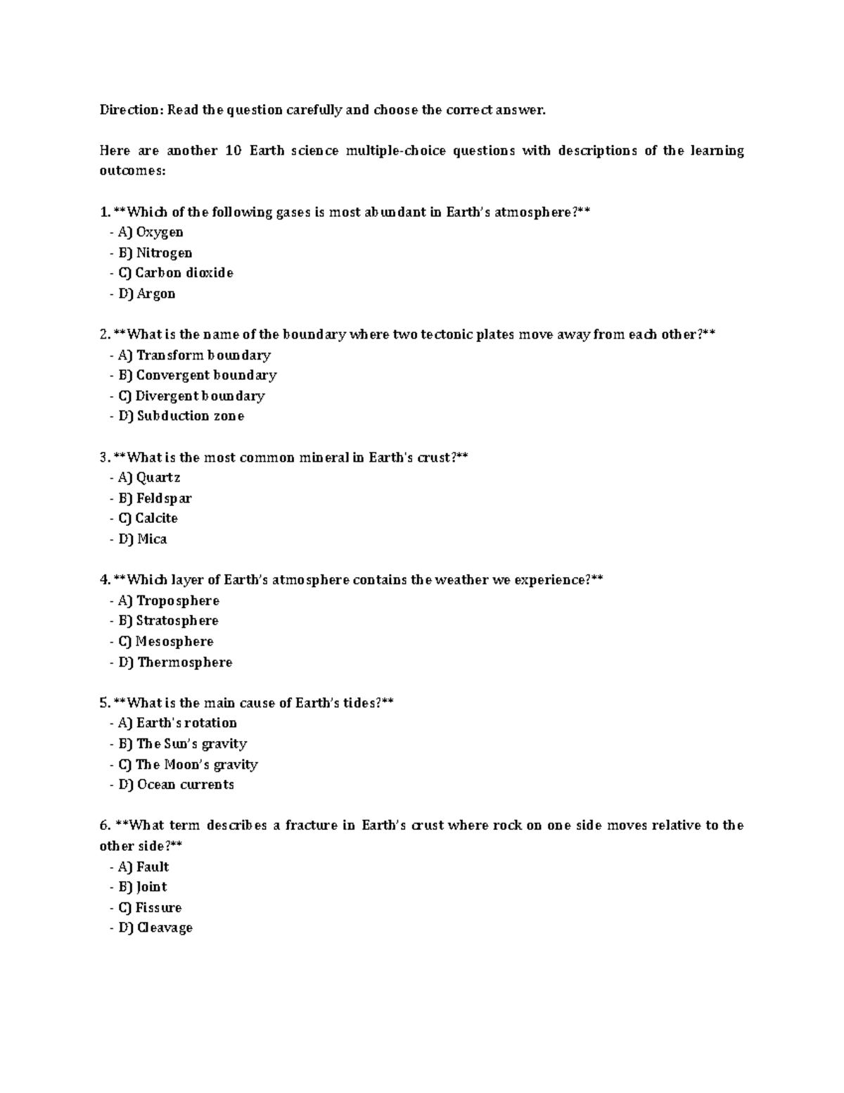 EE35 - Earth Science Quiz: Key Concepts and Learning Outcomes - Studocu