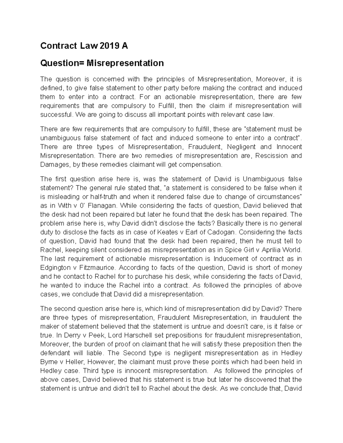 Contract Law 2019 A - Misrepresentation Principles and Case Analysis ...