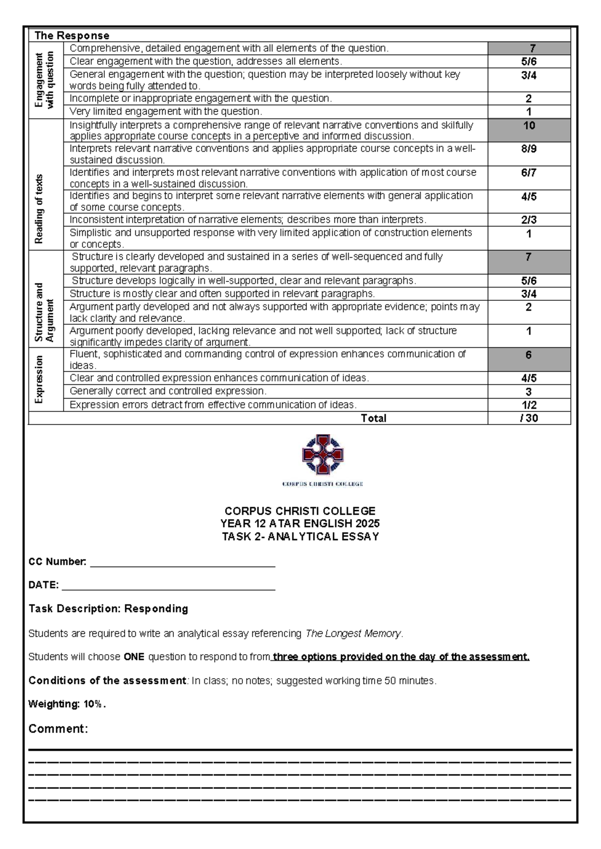 CC Year 12 ATAR English 2025: Analytical Essay Practice Questions - Studocu