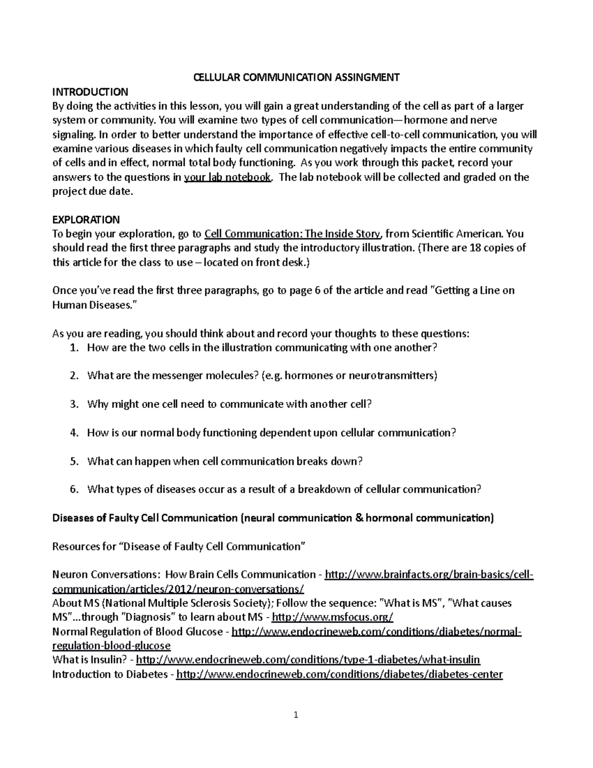 AP Biology Cellular Communication Project Guidelines and Research ...