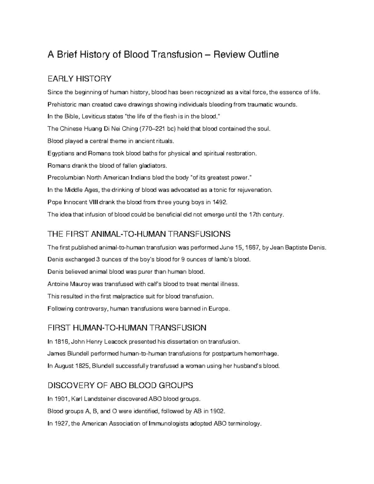 A Brief History of Blood Transfusion: Review Outline - Studocu
