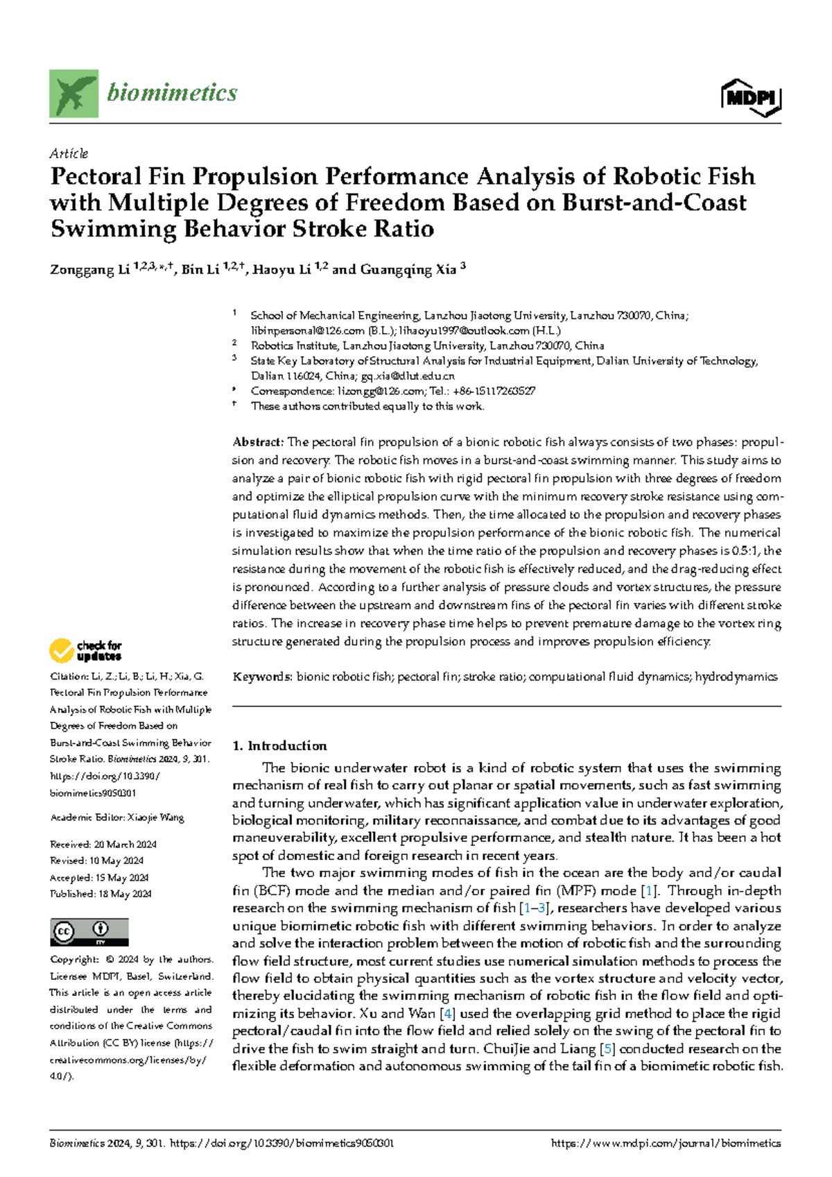 Pectoral Fin Propulsion Performance Analysis of Robotic Fish ...