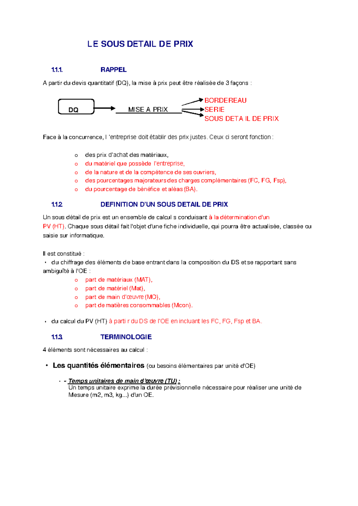 Sous Détails de Prix en Construction : Analyse et Applications - Studocu