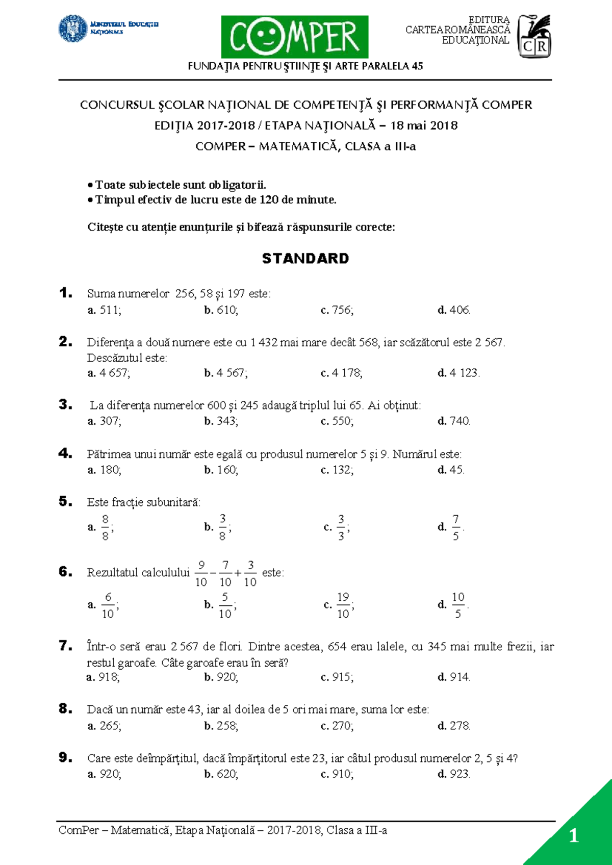 Subiecte Comper 2018 Matematică, Etapa Națională Clasa a 3-a - Studocu