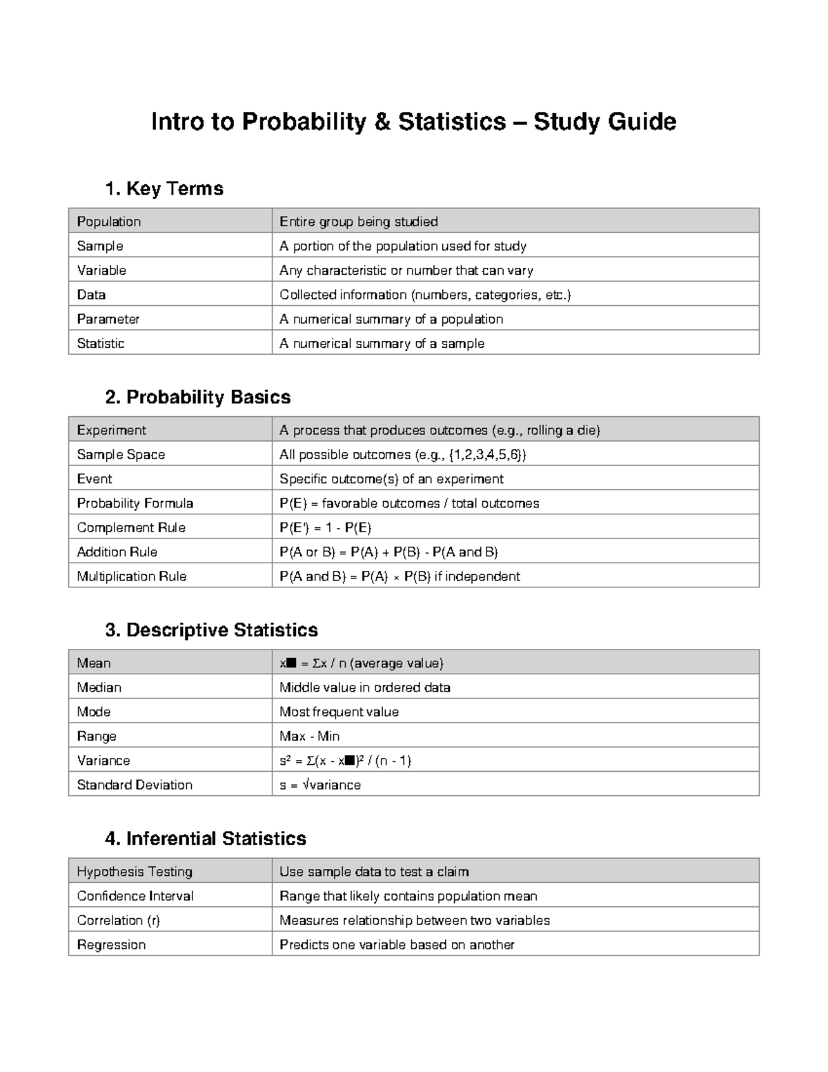 Intro to Probability & Statistics Study Guide 1: Key Concepts - Studocu