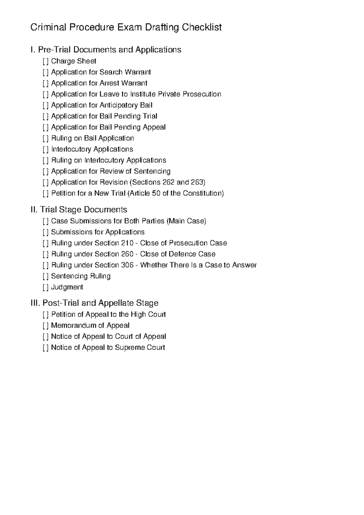 Criminal Procedure Exam Checklist: Key Documents & Applications - Studocu