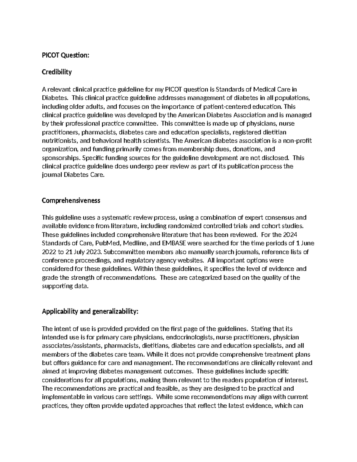 PICOT Question: Evaluating the 2024 Diabetes Care Guidelines for ...