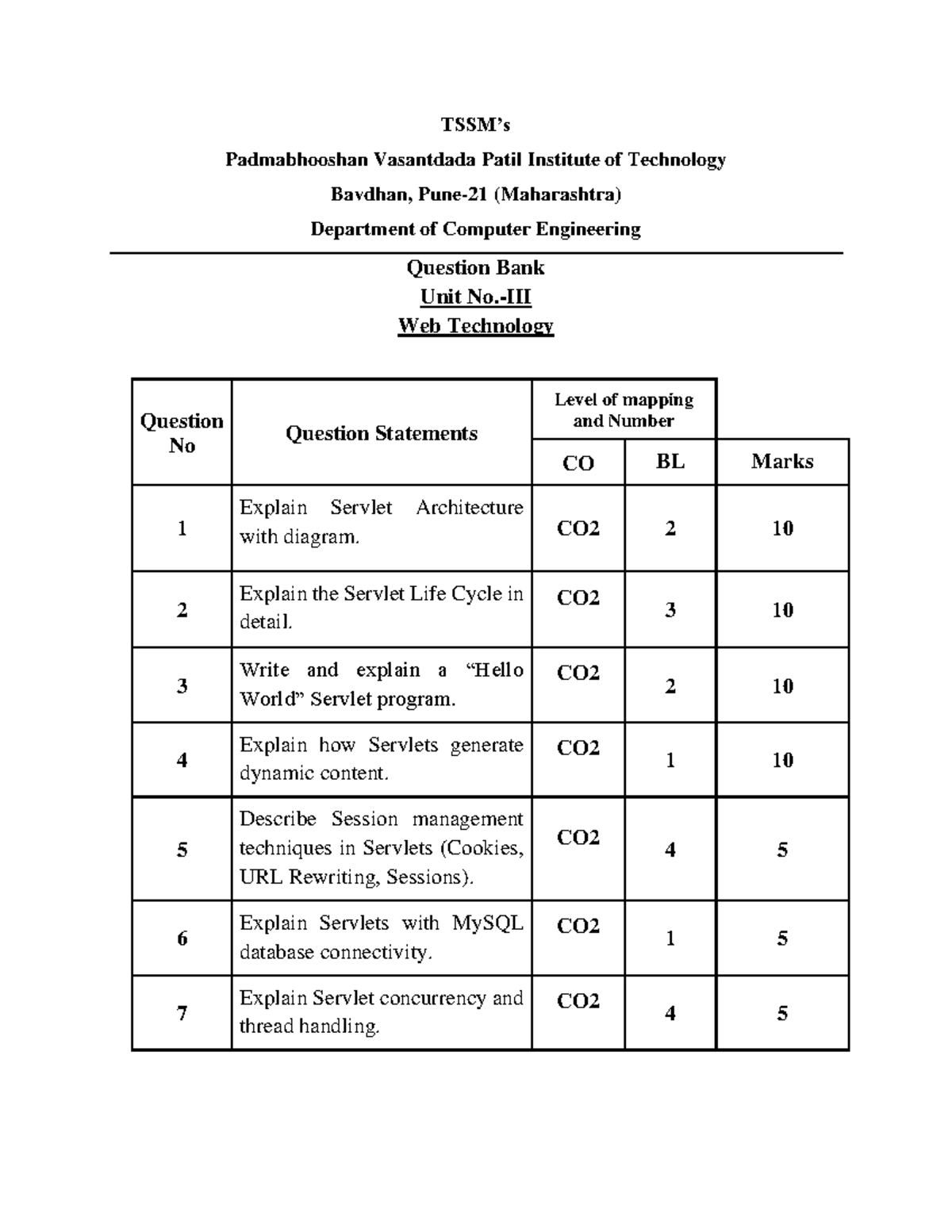 Question Bank: Web Technology (CO2) - Servlet Concepts and Techniques ...