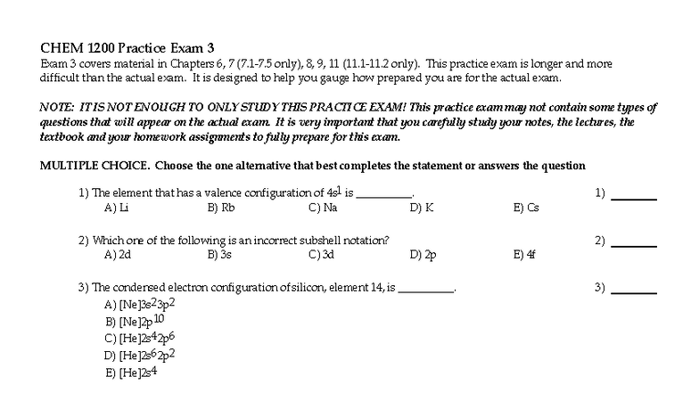 CHEM 1200 Practice Exam 3: Comprehensive Review of Chapters 6-9, 11 ...
