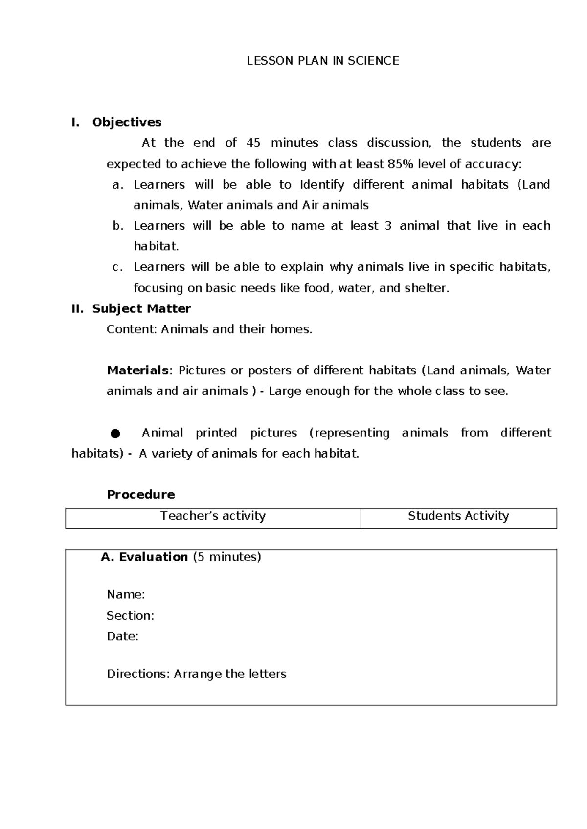 Numeracy-LP - Science Lesson Plan on Animal Habitats - Studocu