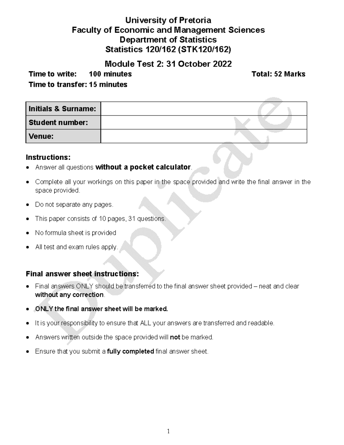 STK120 - Module Test 2 Guidelines and Sample Questions - 2022 - Studocu