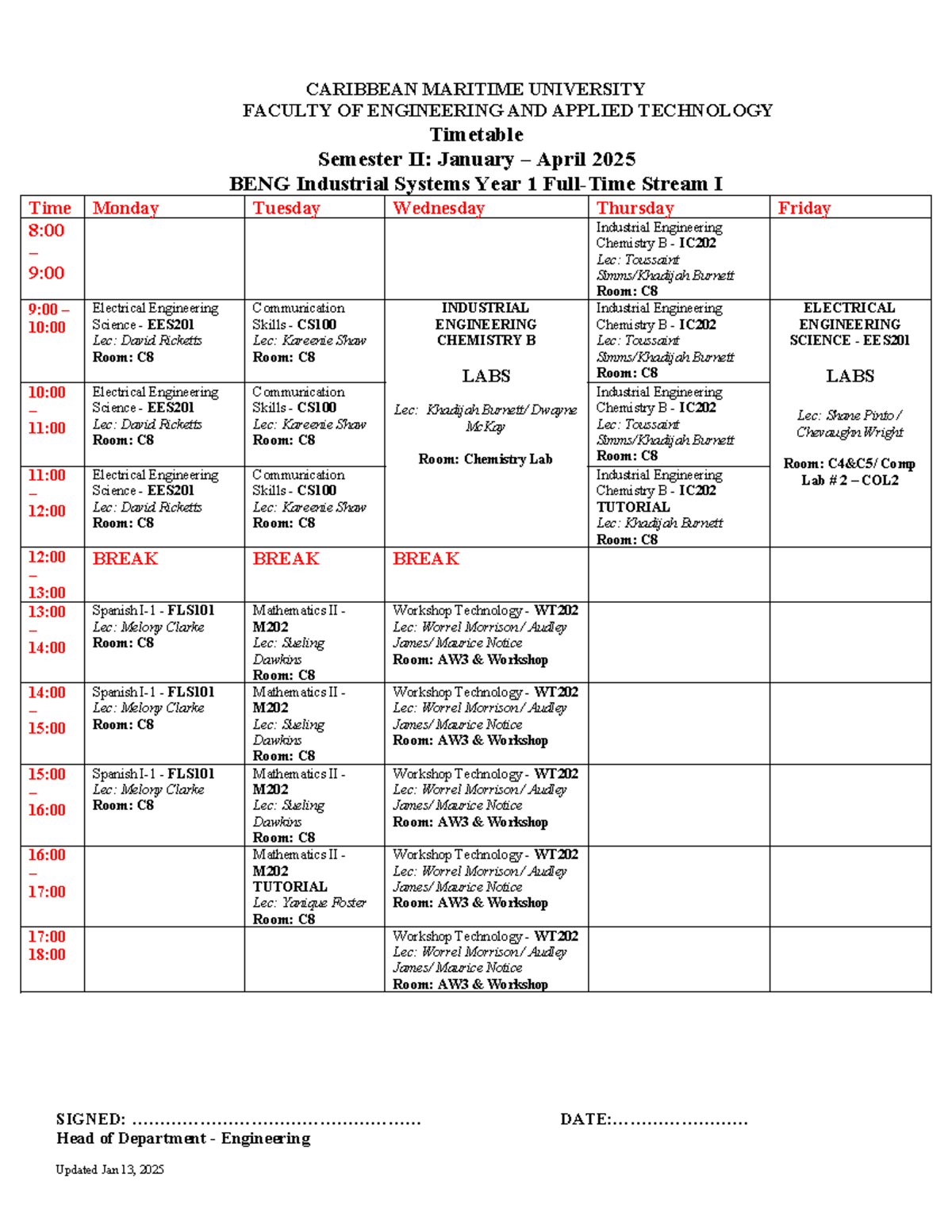 Industrial Systems Timetables January 2024-2025 Semester 2 - FACULTY OF ENGINEERING AND APPLIED ...