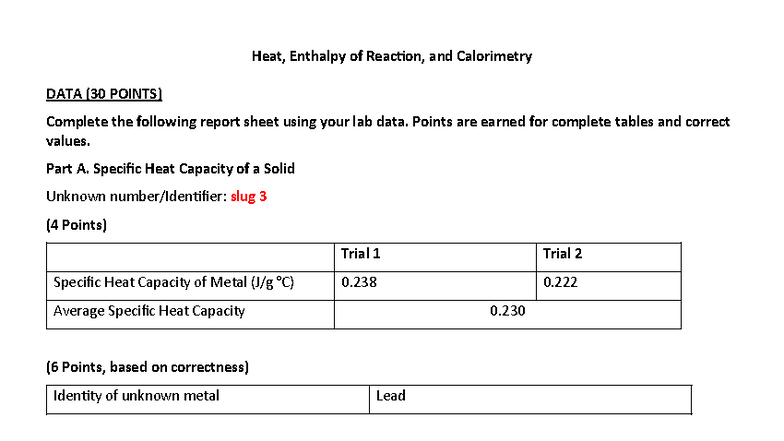 Calorimetry Lab Report: Heat & Enthalpy of Reaction (30 PTS) - Studocu
