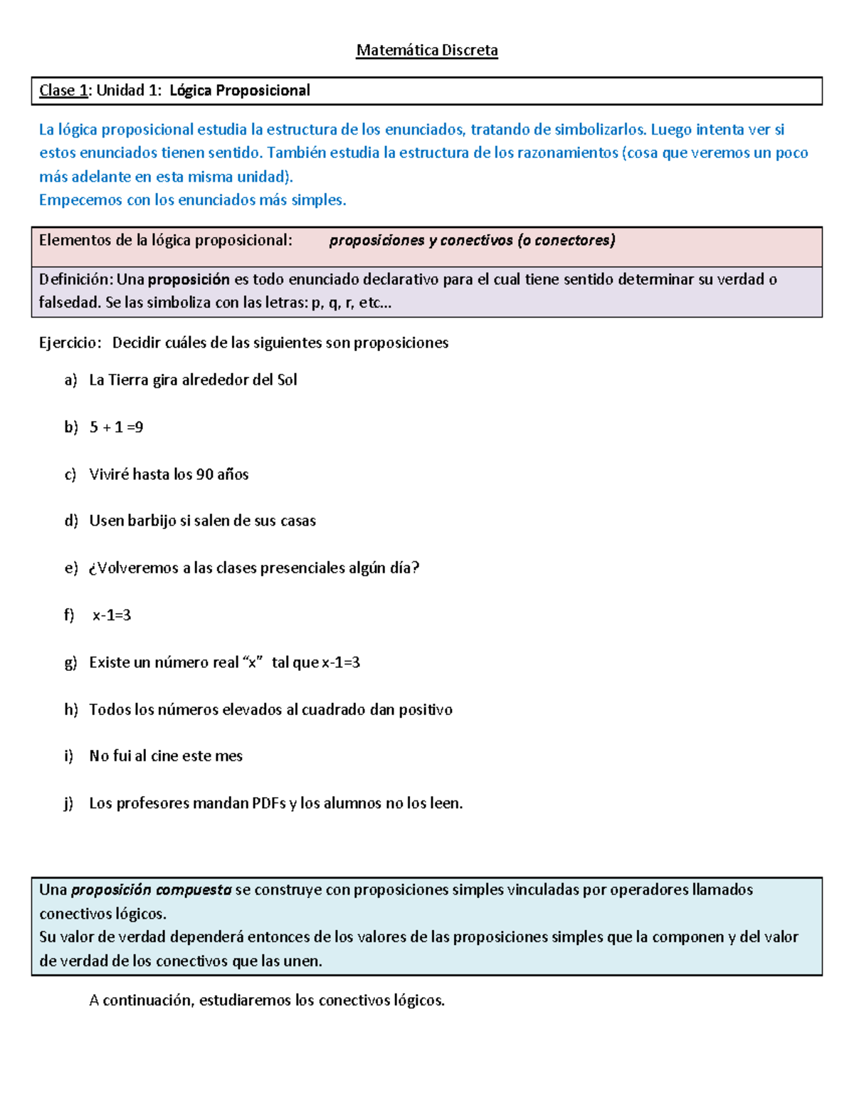 MD Clase 1 2022 1C - logica proposicional - Matem·tica Discreta Clase 1: Unidad 1: LÛgica - Studocu