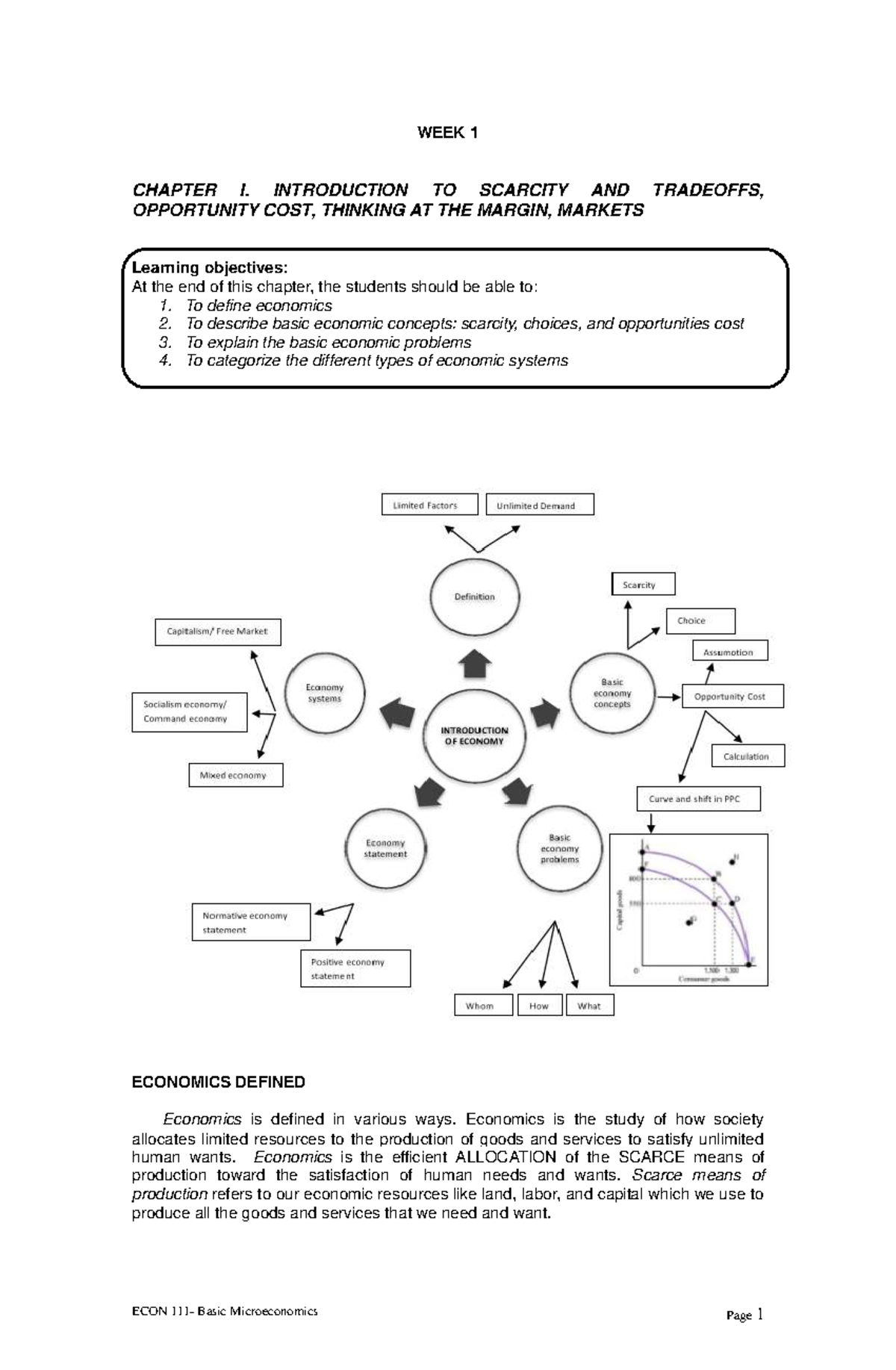 WEEK 1 - CHAPTER I: INTRODUCTION TO SCARCITY & TRADEOFFS IN ECONOMICS ...