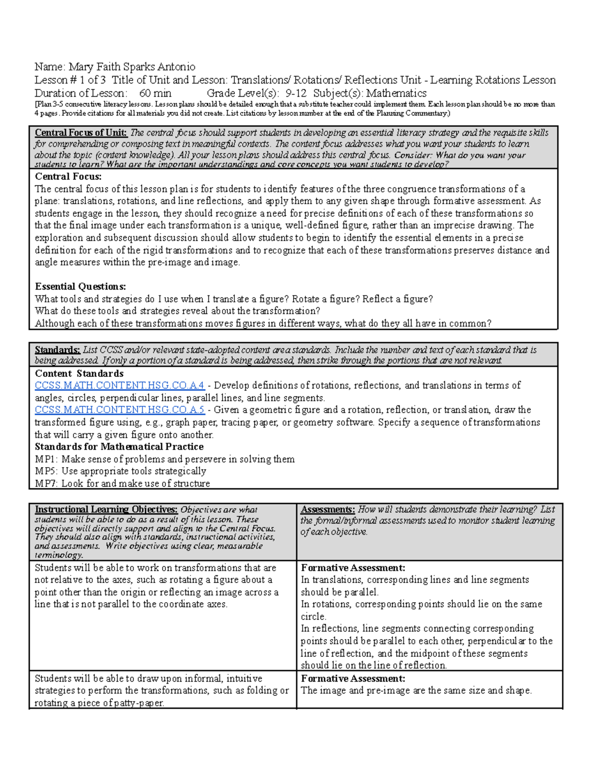 Ed TPA - Geometry Rigid Transformations Unit - Lesson Plan 1 Leaping ...