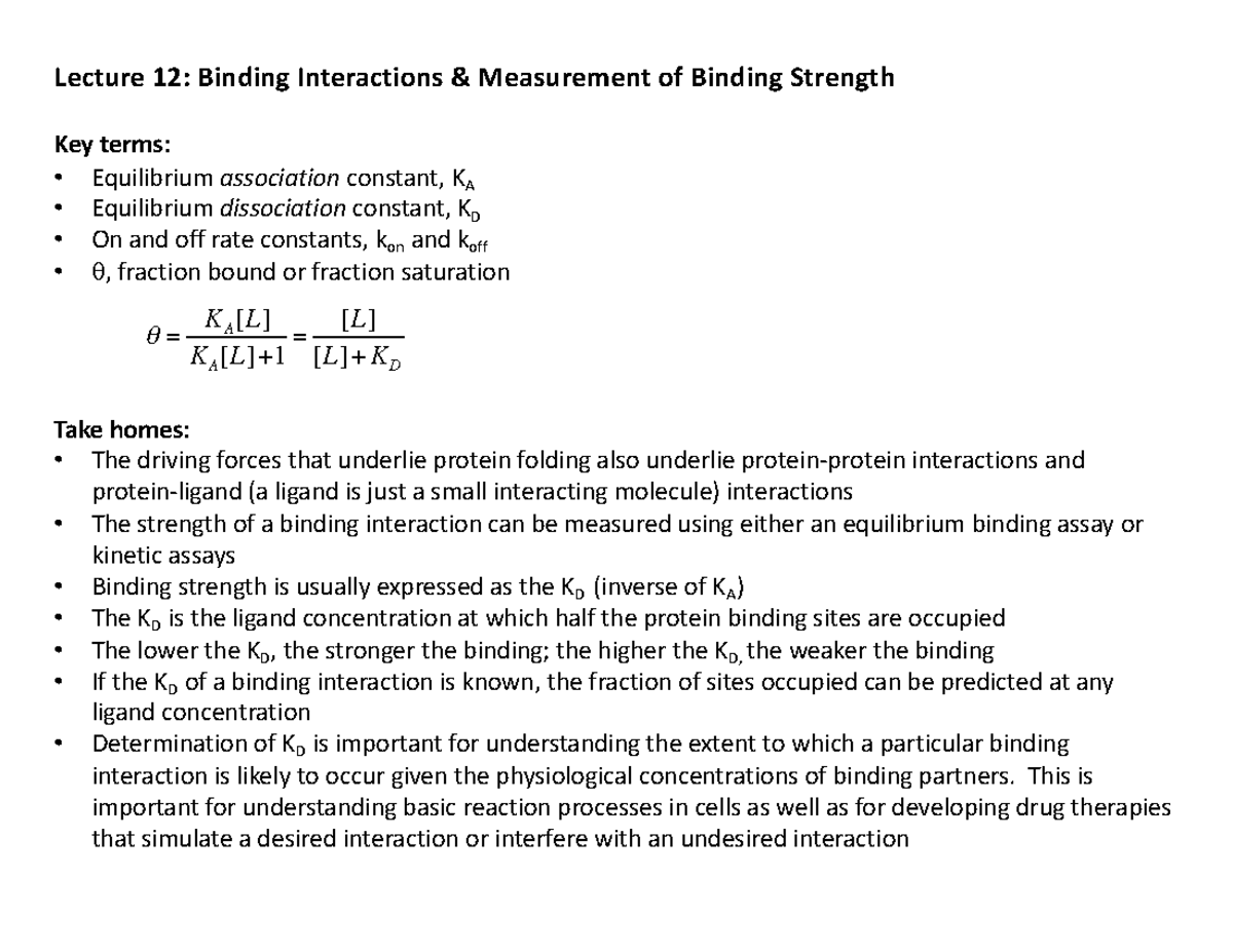 Lecture 12: Binding Interactions & Measurement of KD in Biochem - Studocu