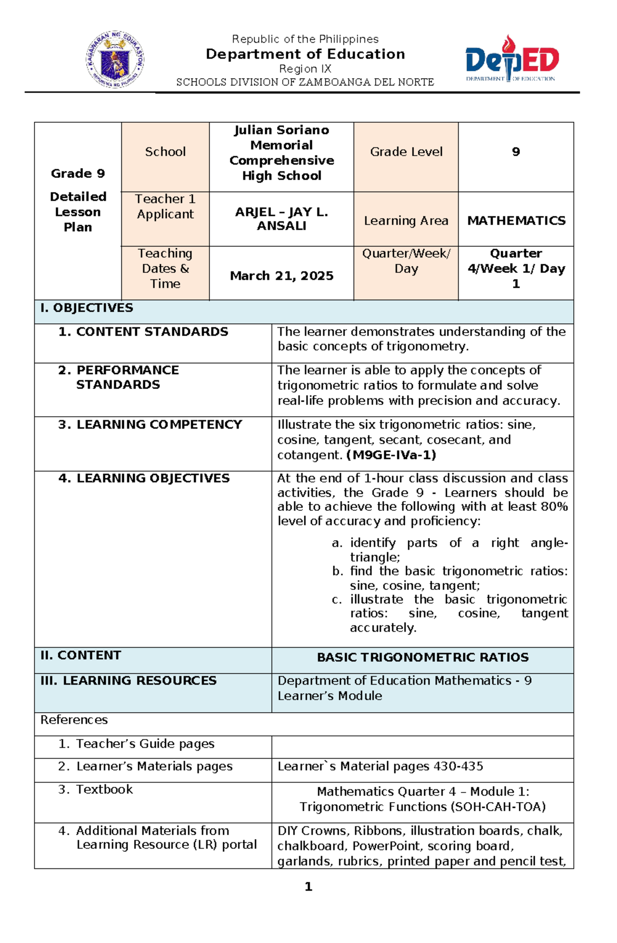 Grade 9 Mathematics Detailed Lesson Plan: Basic Trigonometric Ratios ...