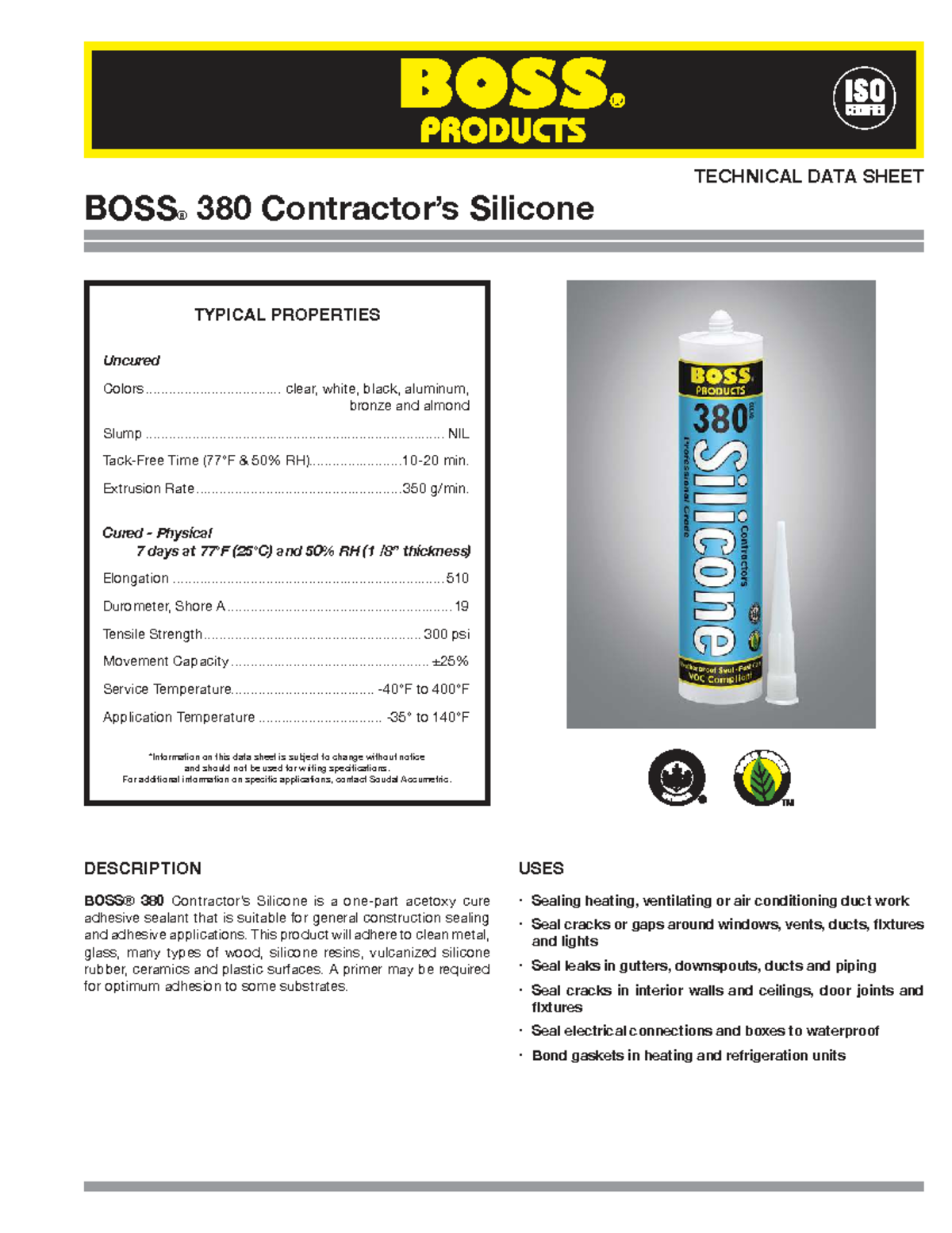 BOSS 380 Silicone Technical Data Sheet: Properties & Uses - Studocu