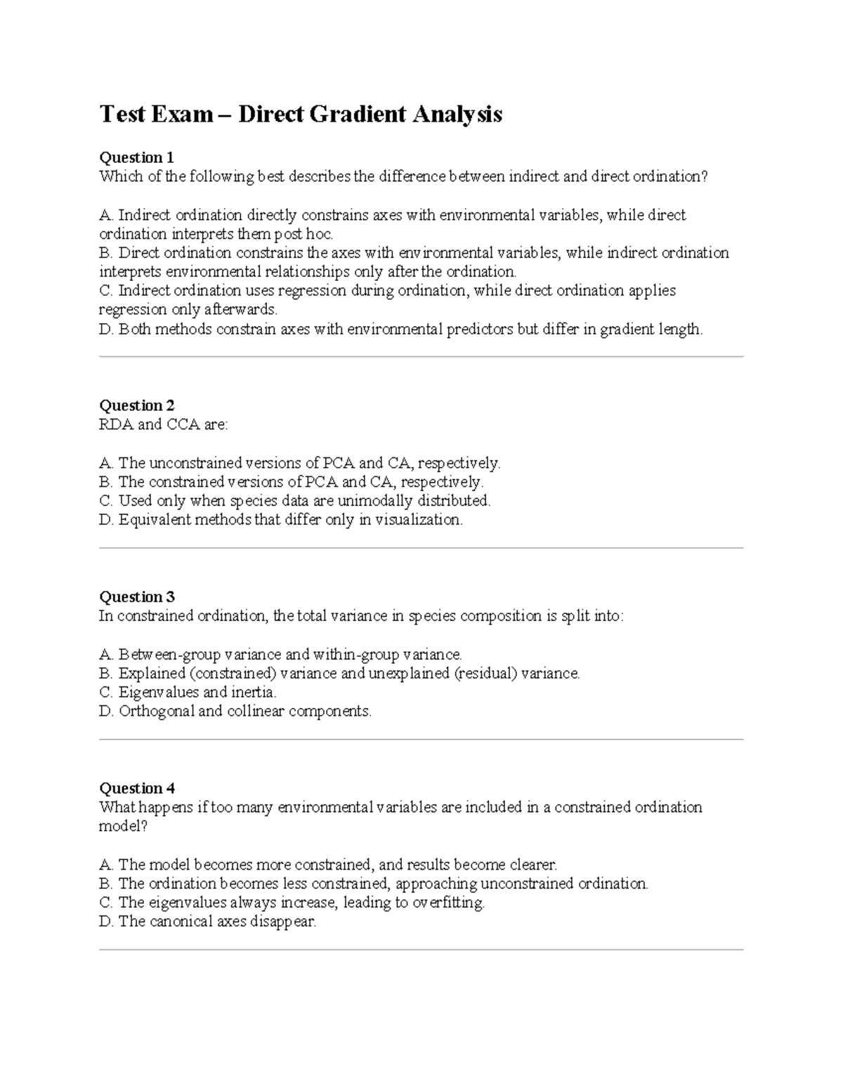 Test Exam L4: Direct Gradient Analysis Questions and Answers - Studeersnel