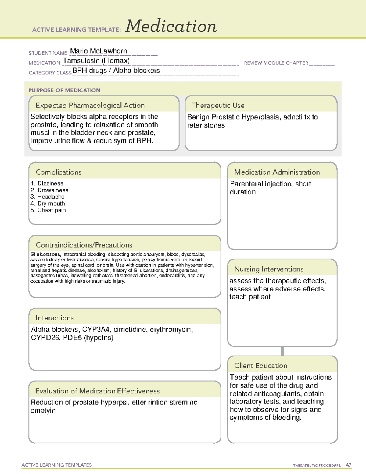 TAMSULOSIN Medication Card: Active Learning Template for Nurses - Studocu