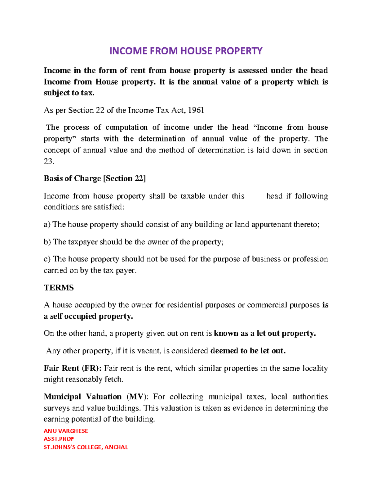 Income From House Property: Key Notes and Computation Guidelines - Studocu