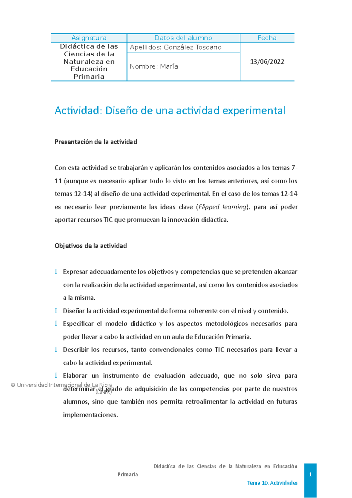 Diseño de Actividad Experimental en Ciencias Naturales - UNIR - Studocu