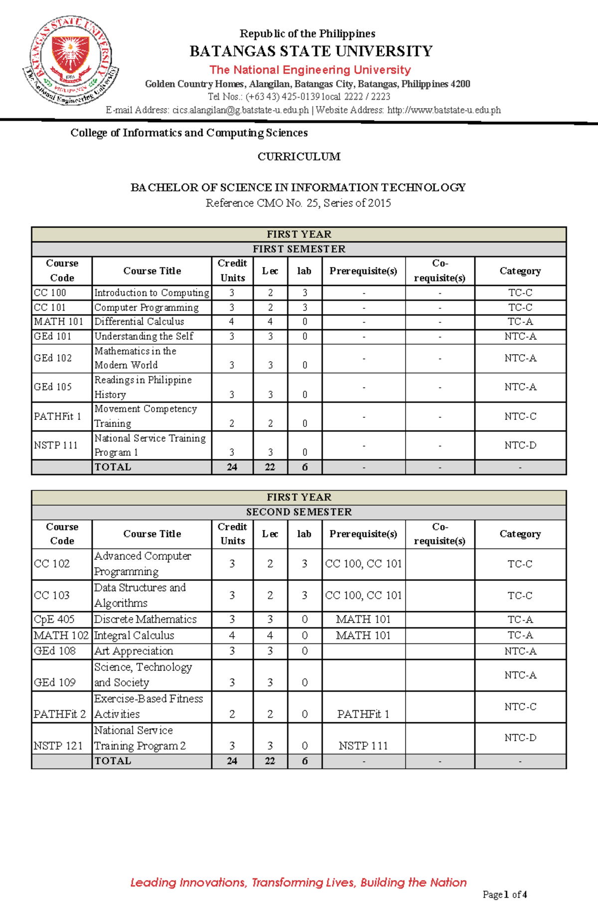 BS Information Technology Curriculum AY 2025-2026 - Studocu