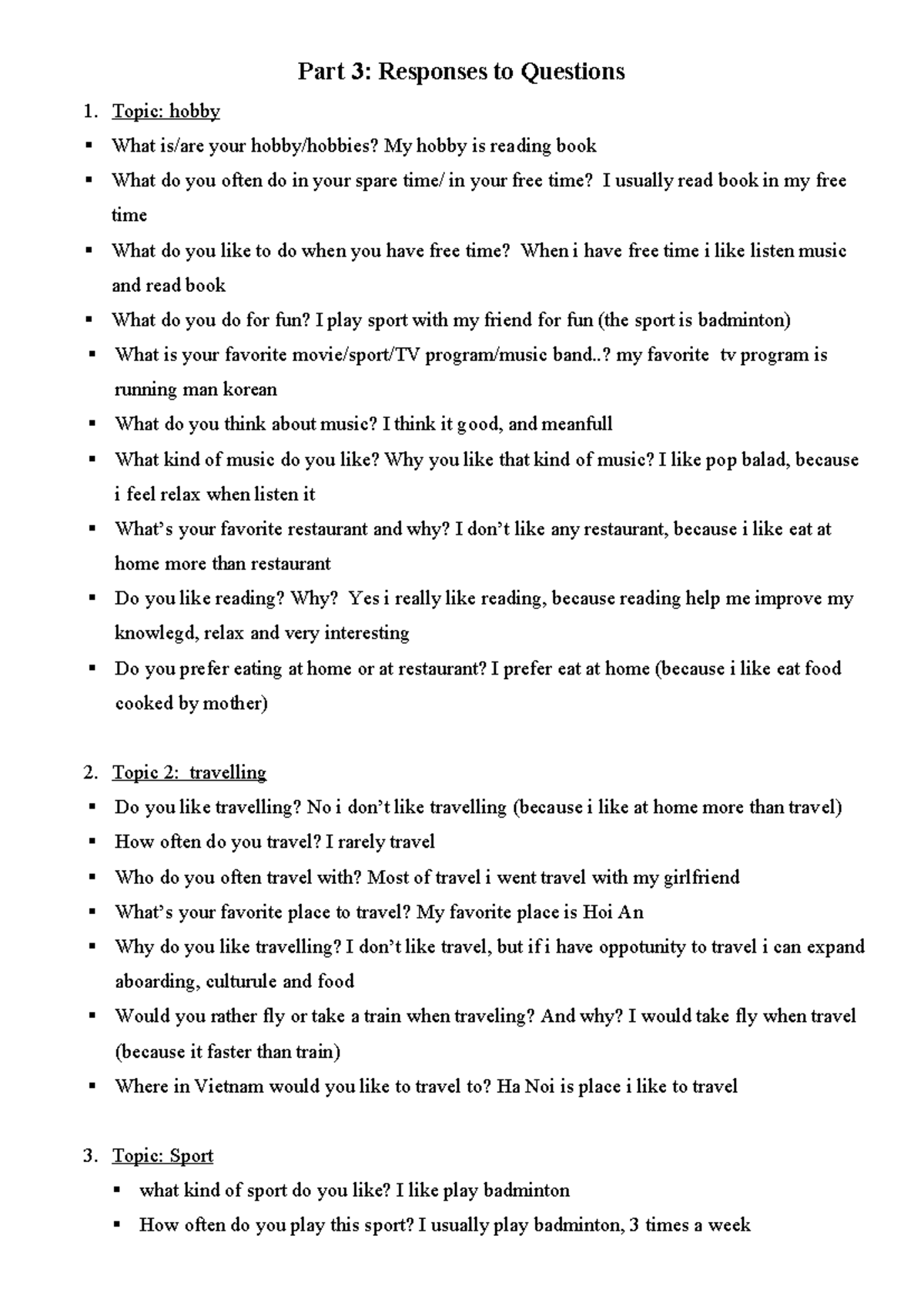 Topics Part 3: Responses to Questions on Hobbies, Travel, Sports, and ...