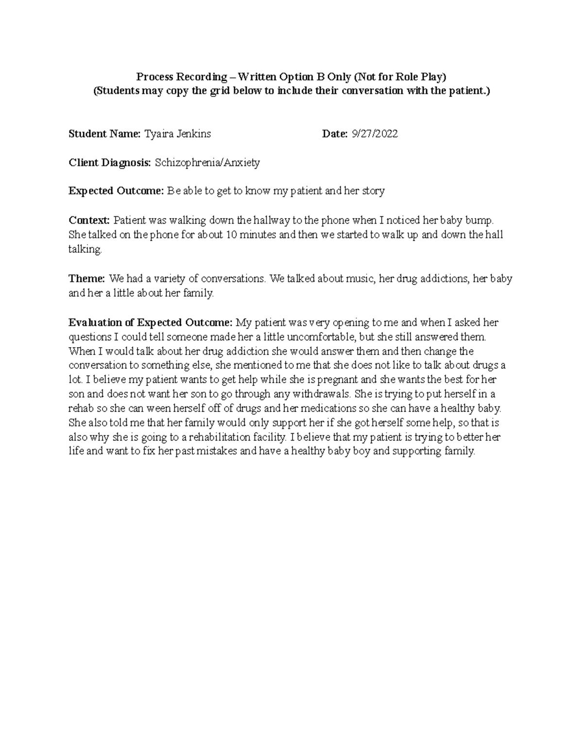 Process Recording - Assignment for clinical - Process Recording ...