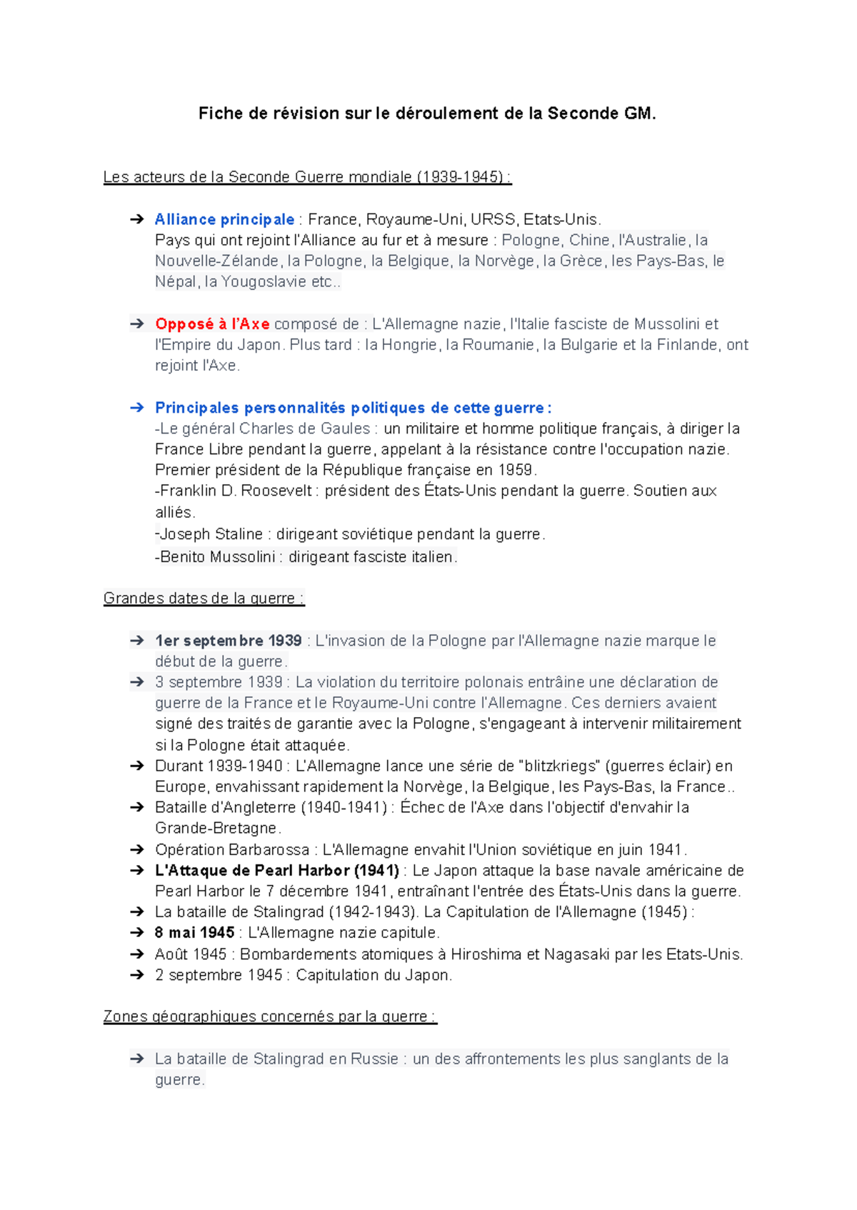 Fiche de Révision - Seconde Guerre Mondiale - Terminale - Studocu