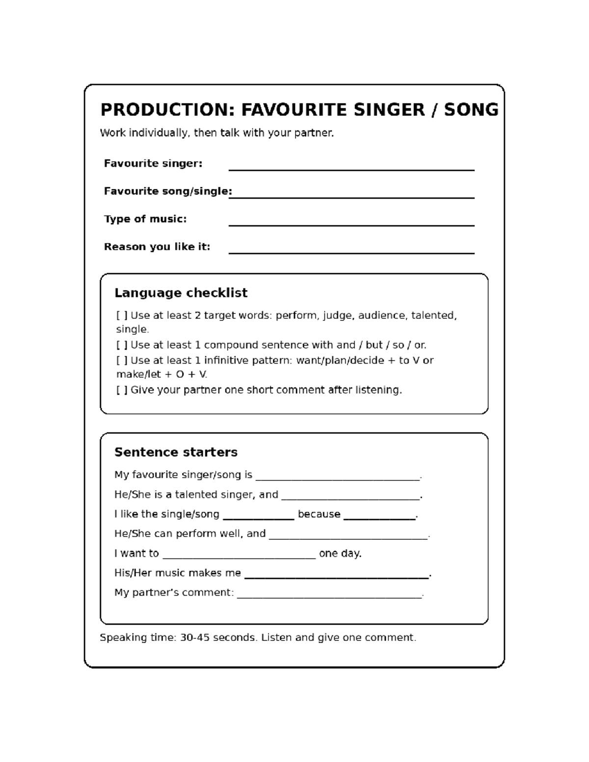 Phiếu pair work - không - PRODUCTION: FAVOURITE SINGER SONG Work ...