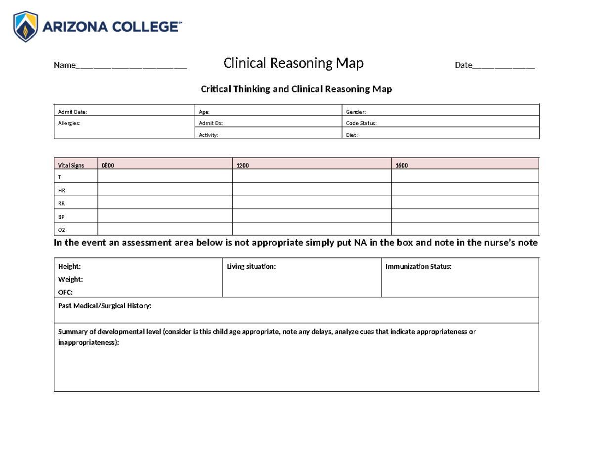 Pediatric Critical Thinking & Clinical Reasoning Map Rev. 03.2022 - Studocu