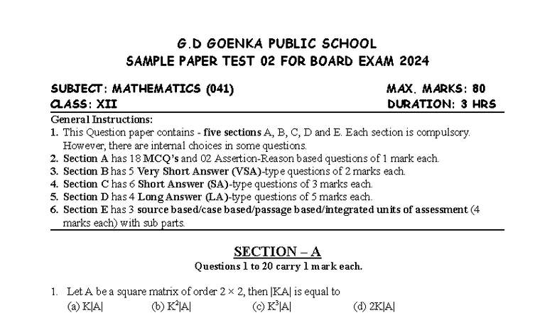 G.D. Goenka Public School Maths Sample Paper Test 02 for Board Exam ...