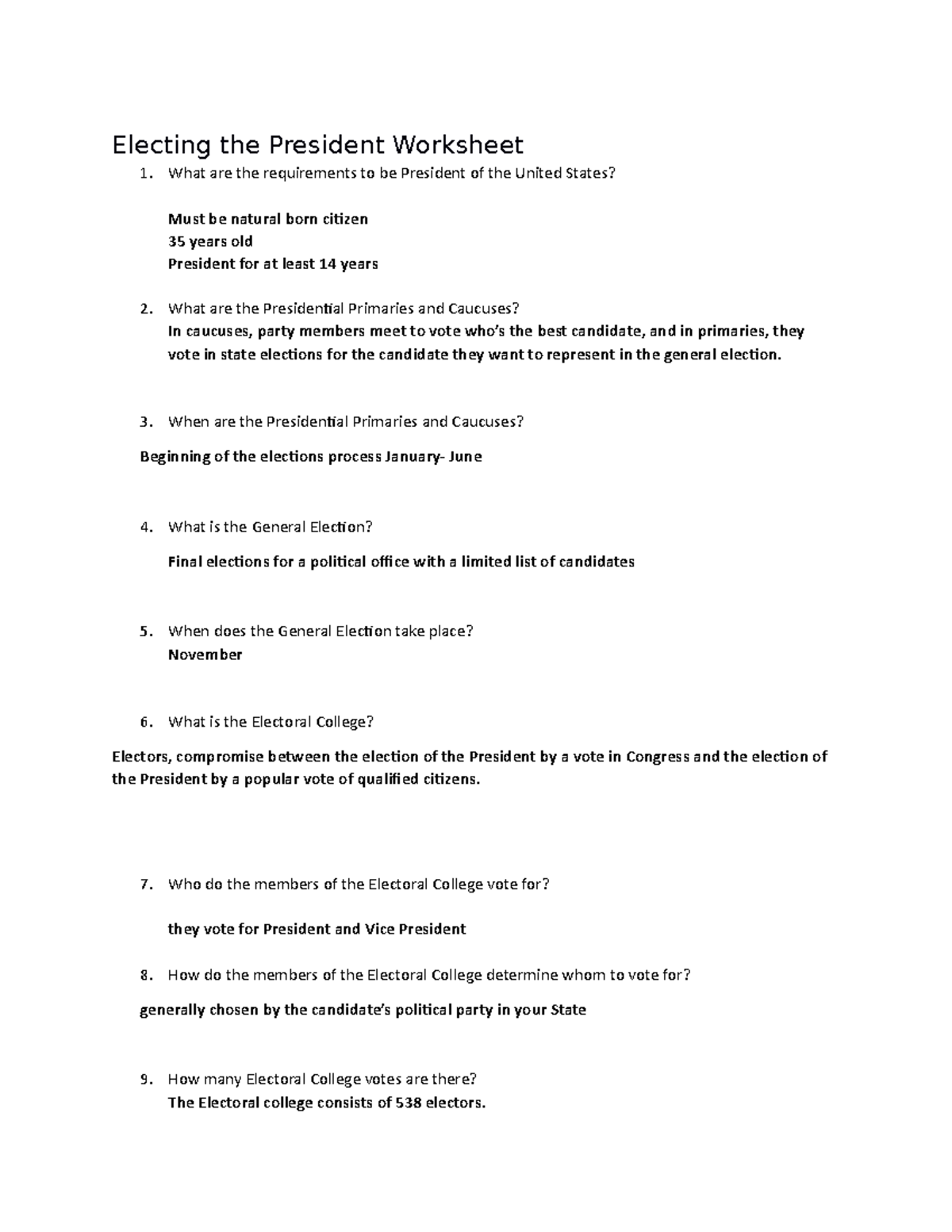 Electoral College Worksheet(1) (1) - Electing the President Worksheet ...