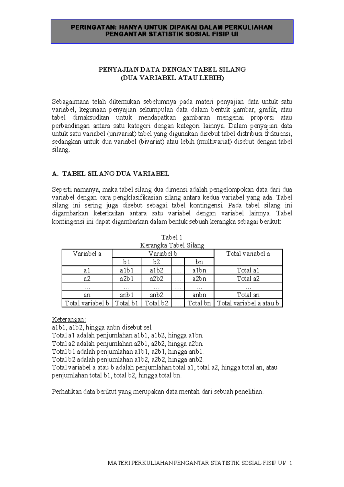 Materi Penyajian Data: Tabel Silang dalam Pengantar Statistik Sosial ...