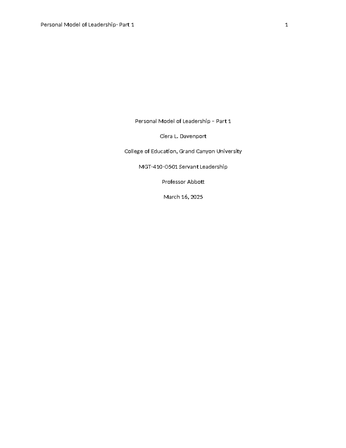 Personal Model of Leadership - Part 1 (EDU 123) by Ciera L. Davenport ...