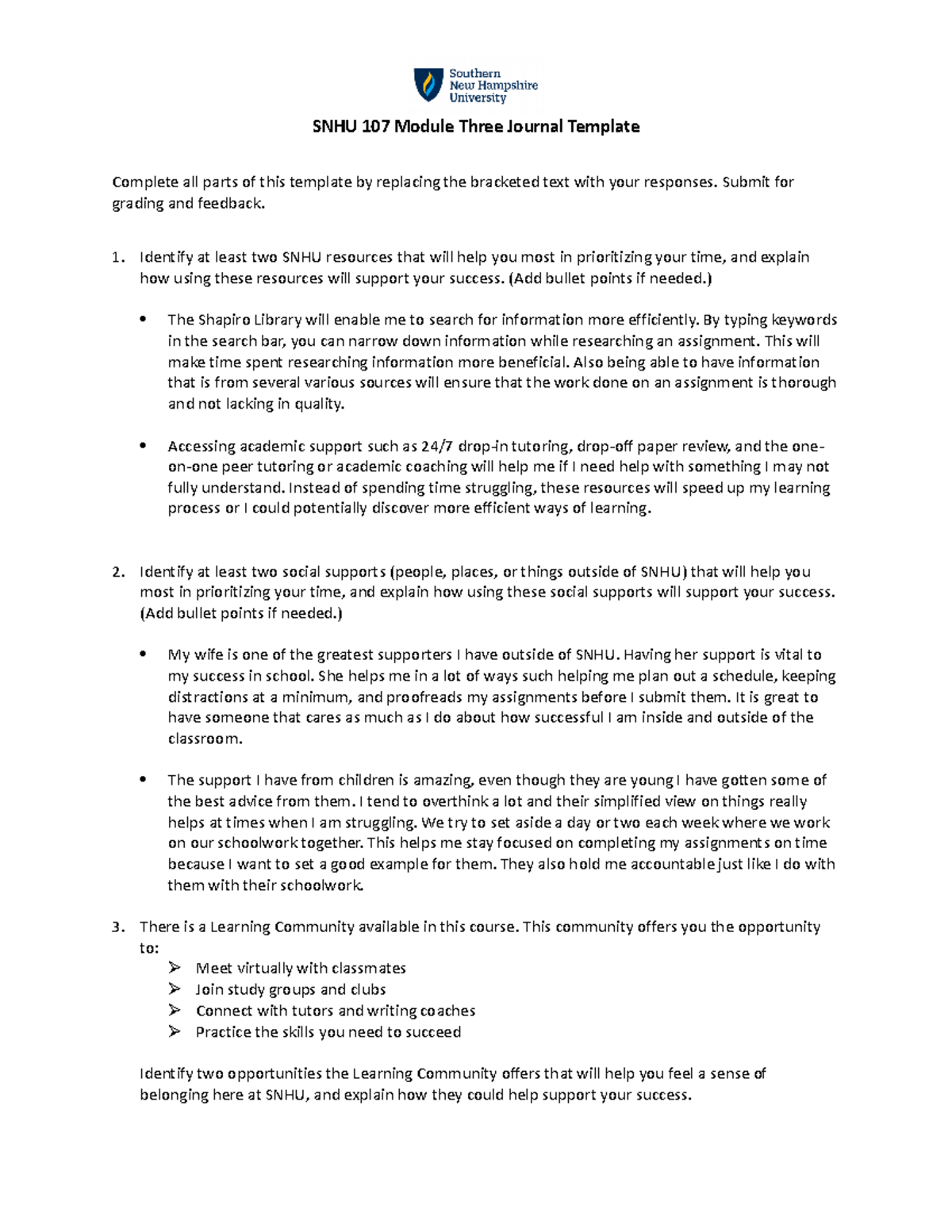 SNHU 107 Module 3 Journal: Utilizing Resources for Academic Success ...