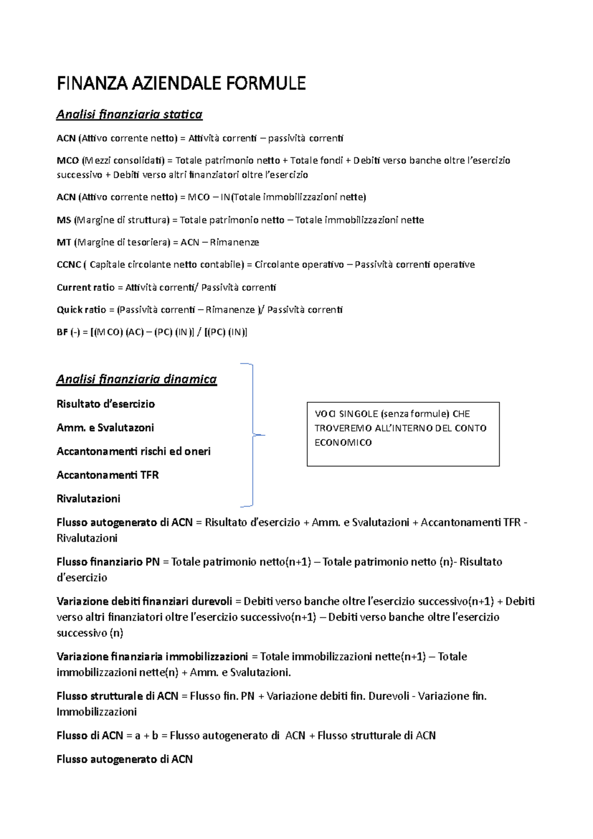 FINANZA AZIENDALE FORMULE: Analisi Finanziaria Statica e Dinamica - Studocu