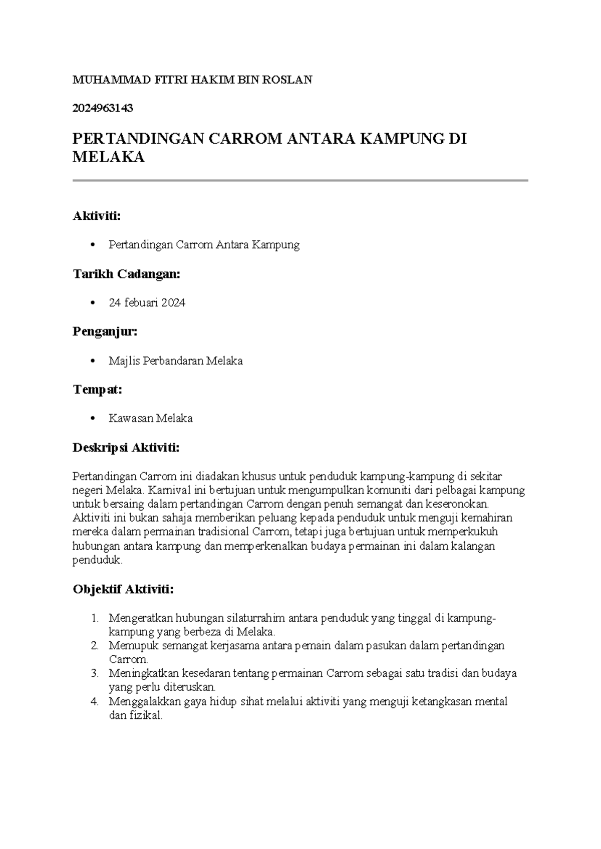 Pertandingan Carrom Antara Kampung di Melaka - 24 Feb 2024 - Studocu
