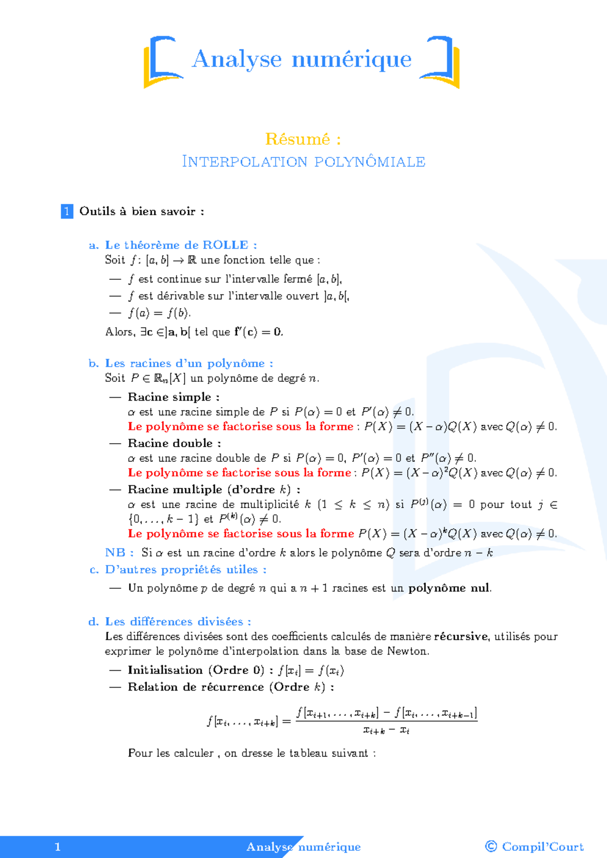 Analyse Numérique : Résumé sur l'Interpolation Polynômiale - Studocu