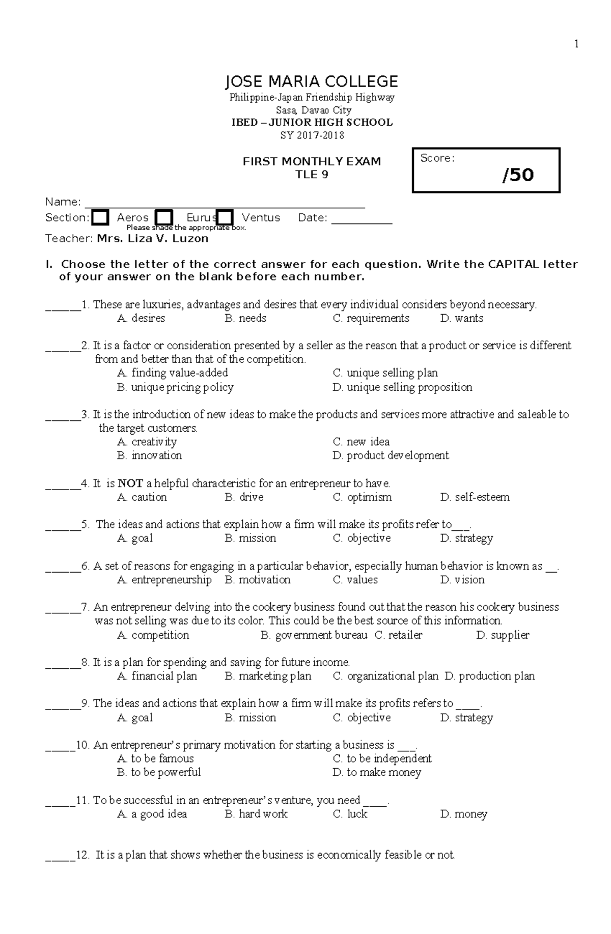 TLE 9 - M. Liza - First Monthly Exam Review Guide - Studocu