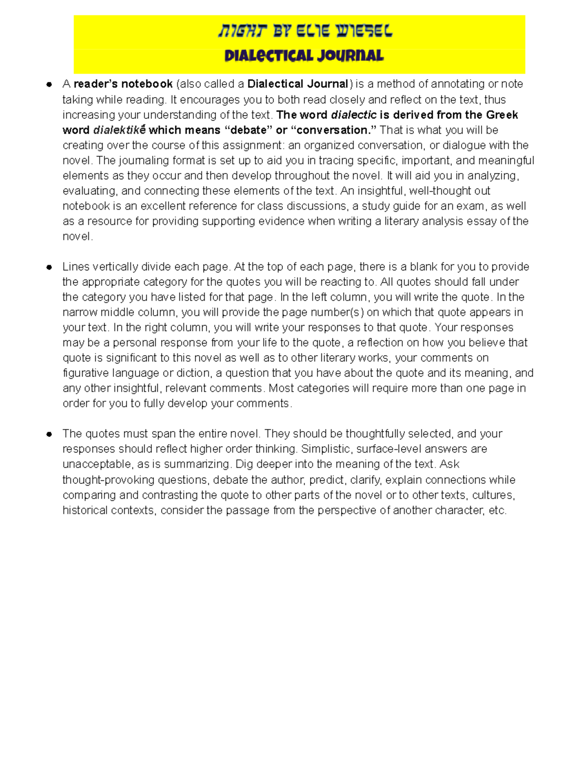 Night by Elie Wiesel: Dialectical Journal Assignment Guide - Studocu
