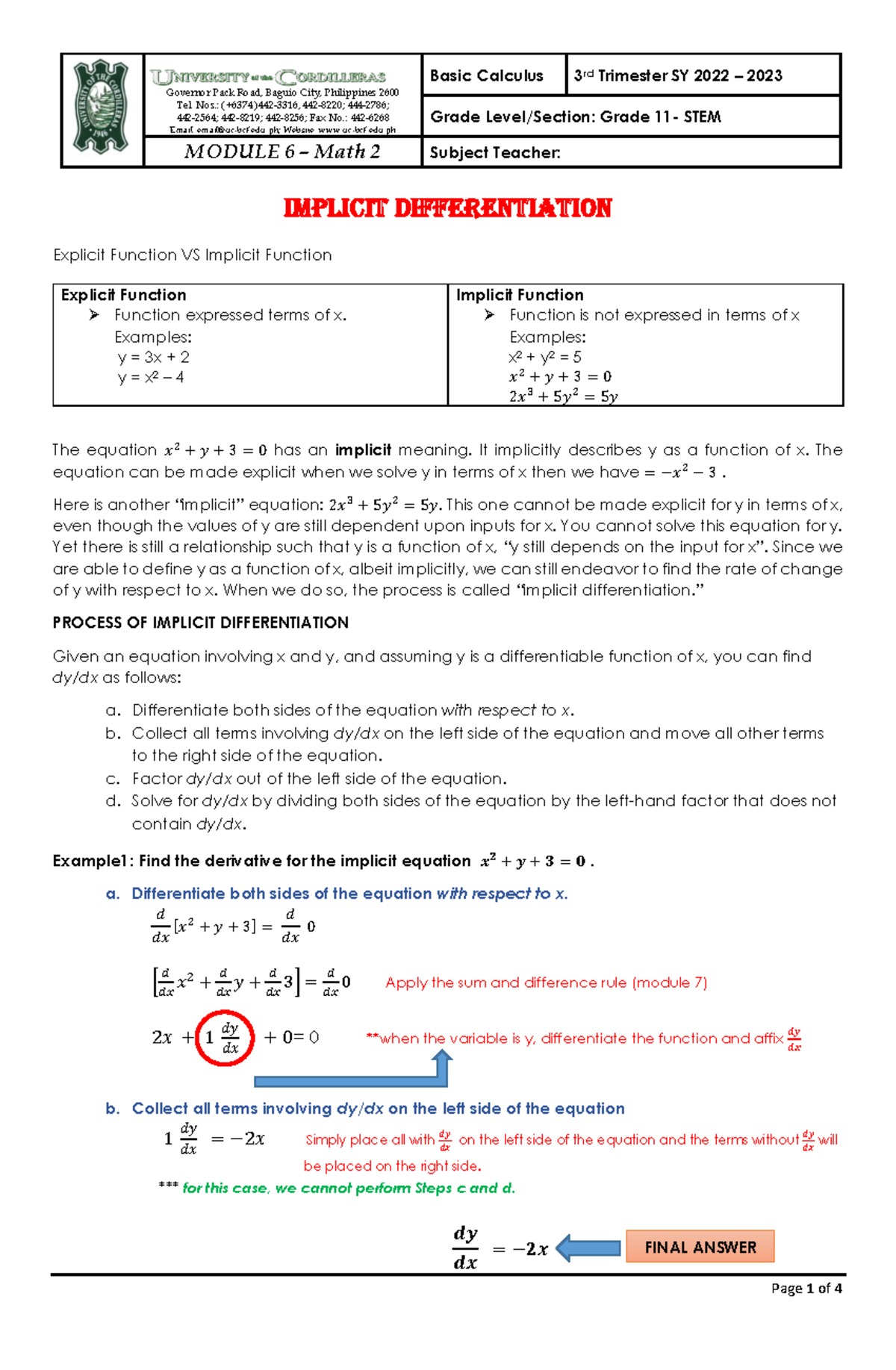Module 6 - Implicit Differentiation in Basic Calculus 3 - Studocu