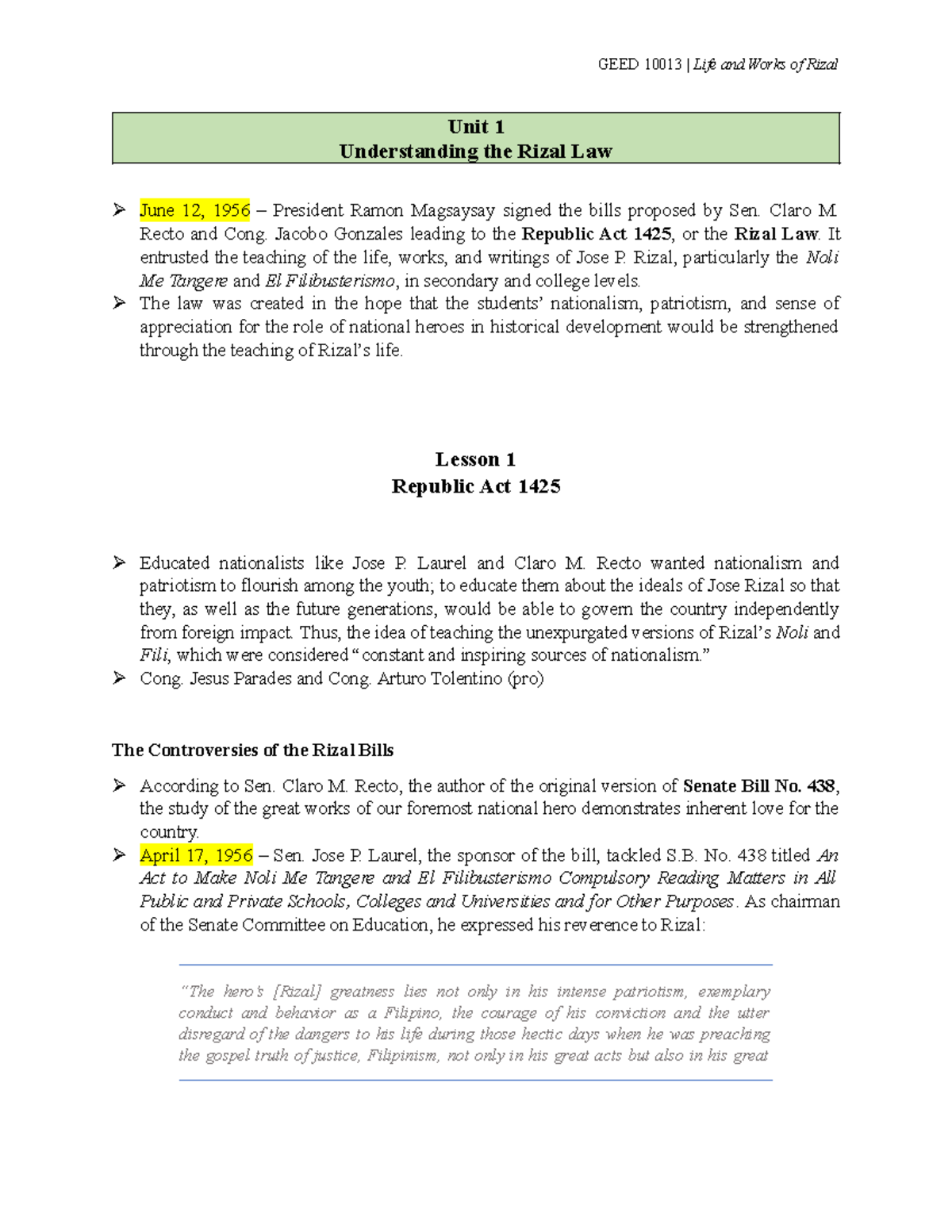 RLW Supplementary Materials: Rizal Law & National Heroes Insights - Studocu